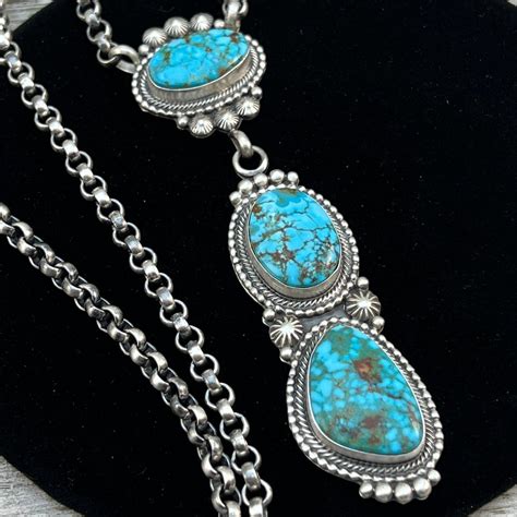 24” Kingman Turquoise Necklace 5 Sterling Silver Rolo Chain Tom Lewis