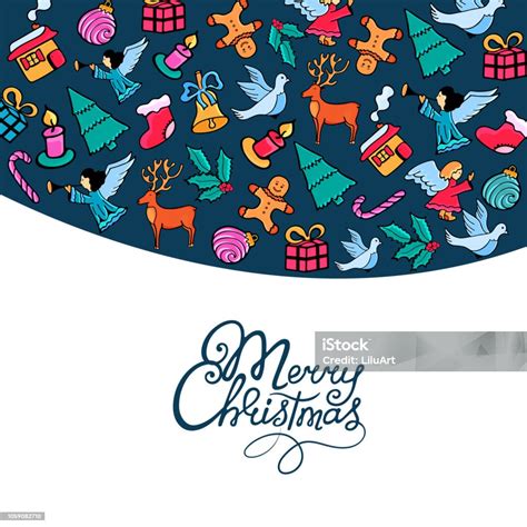 메리 크리스마스 글자를 손으로 낙서 스타일에서 새 해 축제 엽서 0명에 대한 스톡 벡터 아트 및 기타 이미지 0명 가문비나무 겨우살이과 Istock