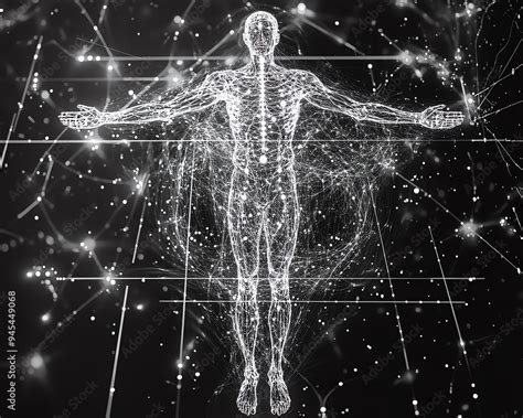 Black And White Image Of A Human Surrounded By A Gridpattern Electromagnetic Field Representing