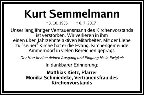 Traueranzeigen Von Kurt Semmelmann Trauernnde