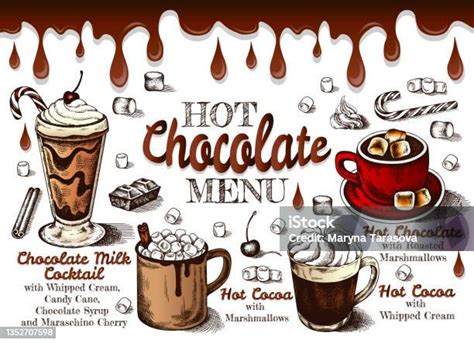 녹은 초콜릿 핫 코코아 마시멜로 휘핑 크림 사탕 지팡이 흰색 배경에 고립 된 계피와 핫 초콜릿 메뉴를 그리기 개요 핫 초콜릿에