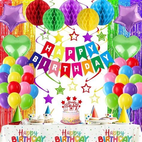 Colorful Birthday Party Decorations Rainbow Happy Birthday Banner Honeycomb Balls