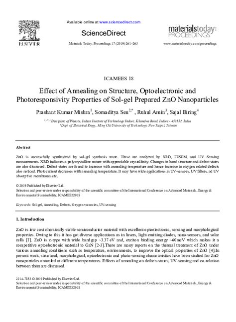 Pdf Effect Of Annealing On Structure Optoelectronic And Photoresponsivity Properties Of Sol