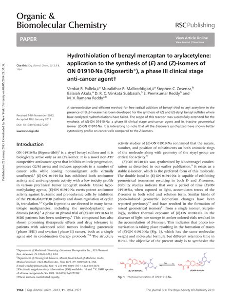 Pdf Hydrothiolation Of Benzyl Mercaptan To Arylacetylene Application
