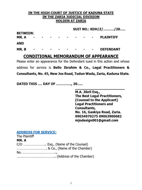 Conditional Memorandum Of Appearance Sample Pdf