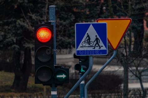 Traffic Lights At A Pedestrian Crossing Red Light At A Pedestrian Crossing Across The Street