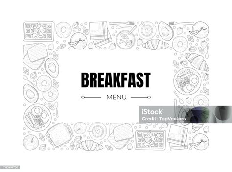 아침 식사 메뉴 배너 템플릿 아침 음식 요리 프레임 빈티지 손으로 그린 벡터 일러스트 독일에 대한 스톡 벡터 아트 및 기타