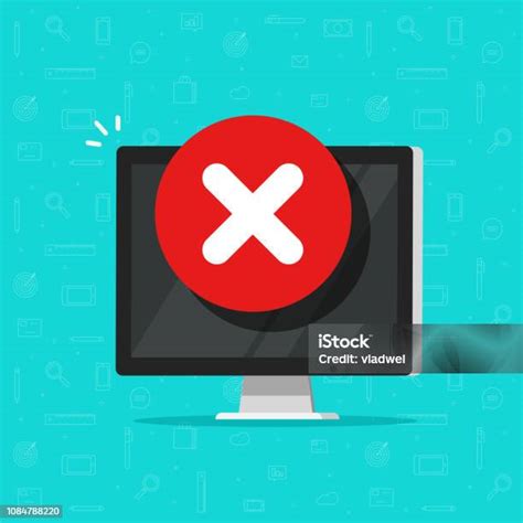 컴퓨터 오류 경고 벡터 일러스트 레이 션 평면 만화 데스크톱 Pc 및 경고 아이콘 알람 또는 주의 메시지 알림 주의 또는 깨진된