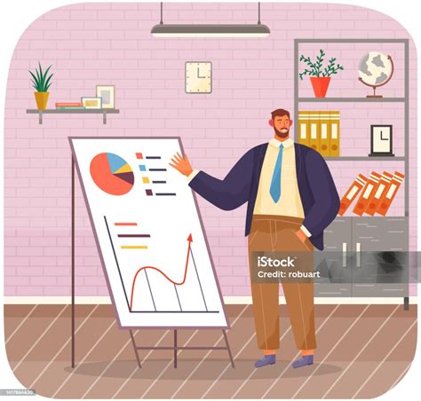 데이터 분석이 포함 된 채팅 보드를 가리키는 그래프와 차트로 보드 근처에 서있는 사업가 개념에 대한 스톡 벡터 아트 및 기타