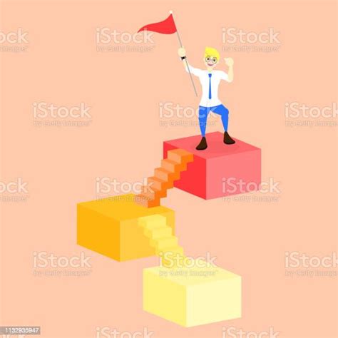 성공 우승자 남자 지주 국기와 계단 단계 사다리와 3d 광장에 서 3차원 형태에 대한 스톡 벡터 아트 및 기타 이미지 3차원 형태 개념 개념과 주제 Istock