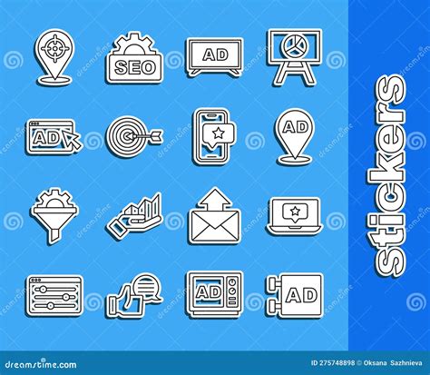 Set Line Advertising Laptop With Star Target And Mobile Review Rating Icon Vector Stock
