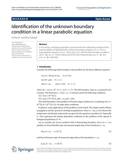 Pdf Identification Of The Unknown Boundary Condition In A Linear Parabolic Equation