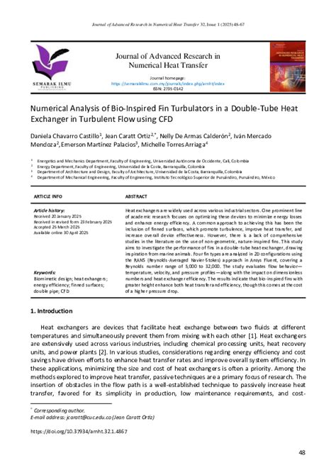 Pdf Numerical Analysis Of Bio Inspired Fin Turbulators In A Double