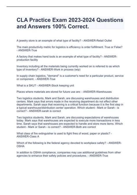 Cla Practice Exam Questions And Answers 100 Correct Cla Stuvia Us