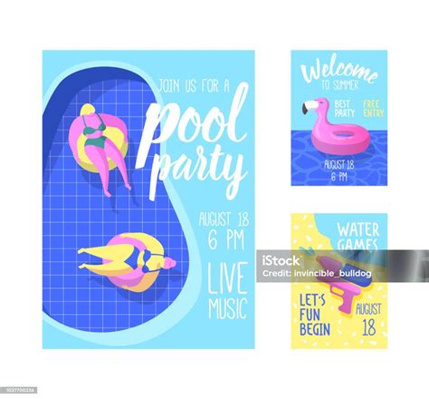 풀 파티 포스터 배너 초대 풍선 핑크 플라밍고와 여름 책자 물에 수레 플라이어 템플릿 비치 파티입니다 벡터 일러스트 레이 션 개념에 대한 스톡 벡터 아트 및 기타 이미지