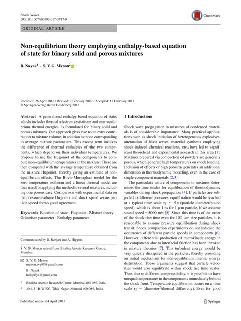Pdf Generalized Enthalpy Based Equation Of State For Multi Component Mixtures