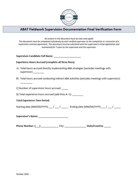 abat fieldwork supervision documentation final verification form