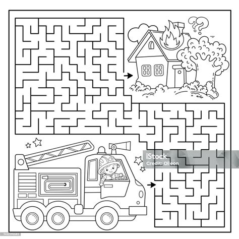 미로 또는 미로 게임 수수께끼 색칠 공부 페이지 개요 만화 소방관 또는 소방관과 소방차 소방 아이들을위한 색칠 공부 책 교육에