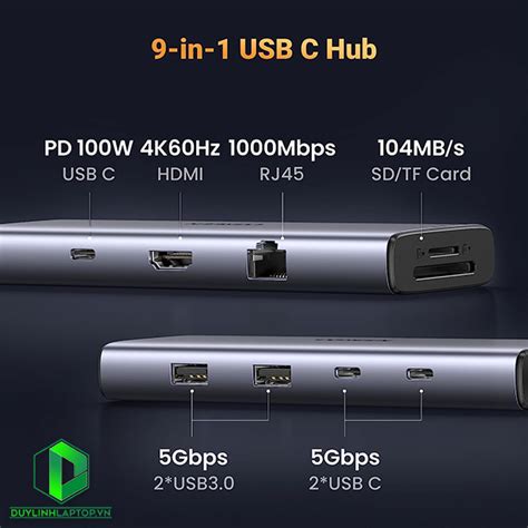 Hub USB Type C 9 In 1 To HDMI 2 USB 3 0 2 USB C Lan RJ45 SD TF PD 100W Ugreen 15375