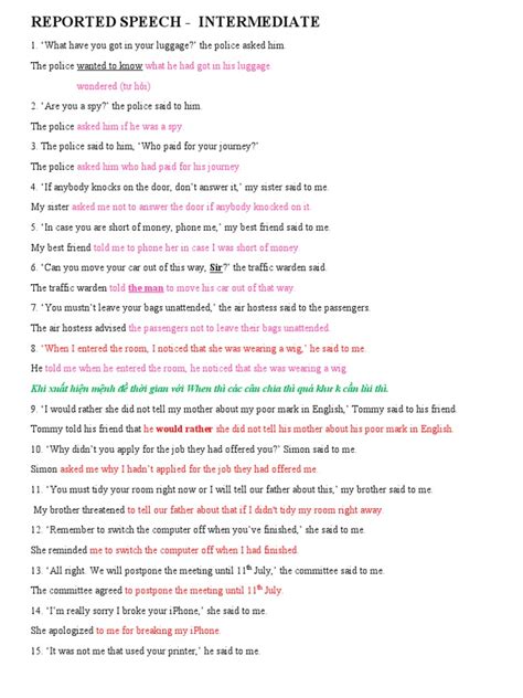 Reported Speech Intermediate Pdf