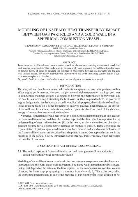 Pdf Modeling Of Unsteady Heat Transfer By Impact Between Gas Particles And A Cold Wall In A
