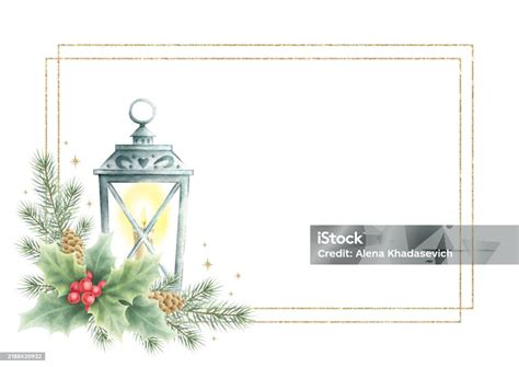 촛불 가문비 나무 가지 원뿔 및 홀리 베리와 크리스마스 랜턴과 더블 황금 프레임과 직사각형 프레임을 나뭇잎 손으로 그린 수채화 고립 된 그림 새해 인사말 카드 A4 2026