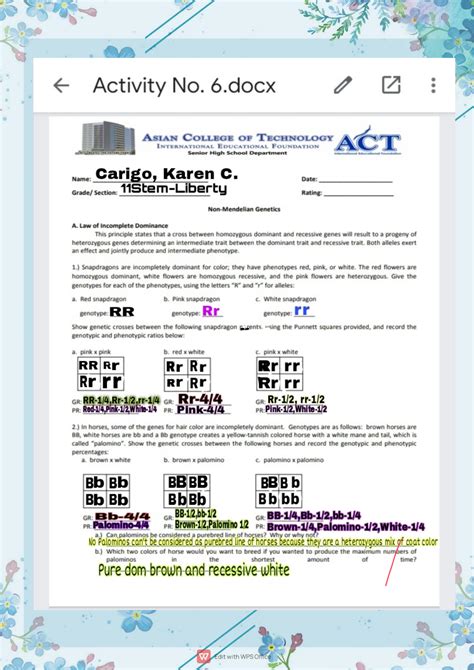 Solution General Biology Activity Sheet With Answers Of Non Mendelian Genetic Law Of Incomplete