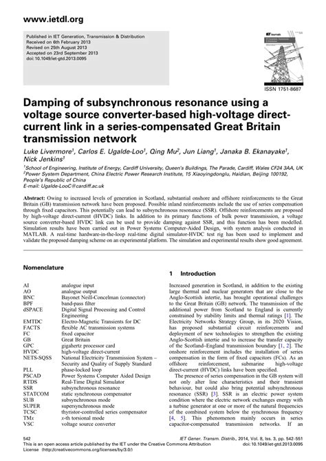Pdf Damping Of Subsynchronous Resonance Using A Voltage Source Converter Based High Voltage