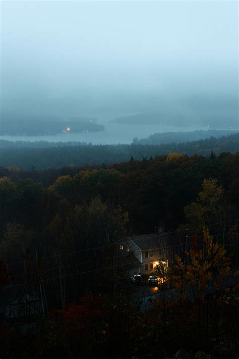 가벼운 가을 경치 경치가 좋은 고요한 광야 나무 나뭇잎 대기의 따뜻함 떨어지다 목가적인 분위기 불이 켜진 산 숲 숲의 집 시골 실루엣 안개