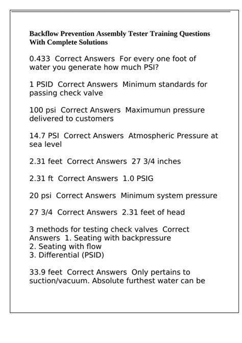 Backflow Prevention Assembly Tester Training Questions With Complete Solutions Backflow