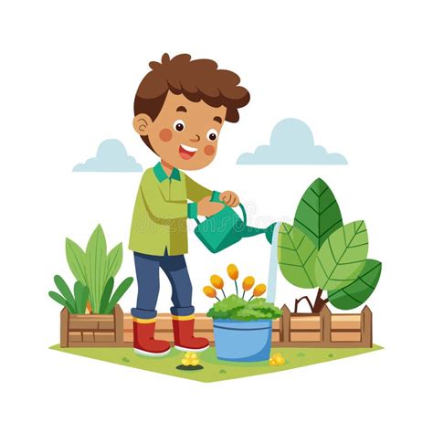 Boy Watering Plants In Garden With Watering Can Outdoor Scene