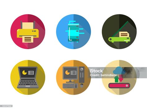 원격 작업 노트북 데스크탑 Pc 스캐너 프린터 클라우드가있는 외부 하드 디스크 복사기를위한 아이콘 세트 전자 사무실 기계 장비