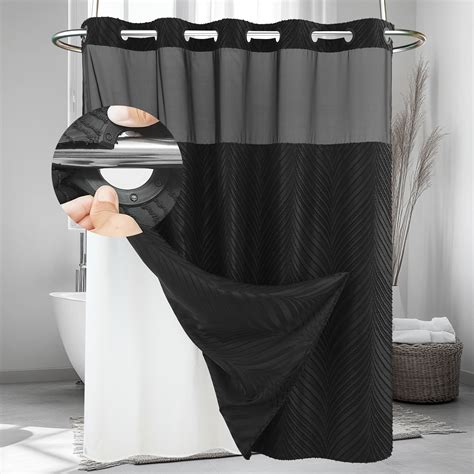 Siiluminisoy Black Hookless Shower Curtain With Snap In Liner Boho Tufted Geometric Striped