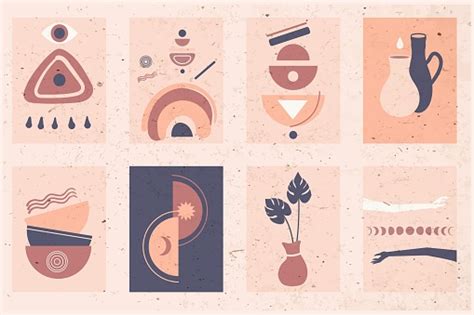 추상적 인 현대 미학 포스터 기하학적 모양 중세기 미니멀리스트 아트 프린트 테라코타 베이지 색 색상 태양과 달 균형 모양 갈색에 대한 스톡 벡터 아트 및 기타 이미지