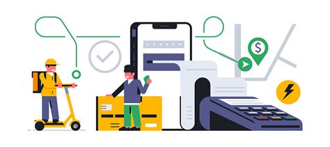 집에 온라인 음식 배달 서비스 모바일 애플리케이션을 통한 음식 배달에 대한 성공적인 온라인 결제 결제 수표 단말기 은행 카드 택배 경로 지도 벡터 일러스트레이션 가방에 대한