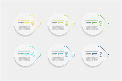 6 단계 인포 그래픽 원 모양 및 여러 가지 빛깔의 라벨 워크 플로우 레이아웃 다이어그램 연례 보고서 웹 디자인을위한 디자인을 갖춘 최소한의 스타일 비즈니스 개념 벡터