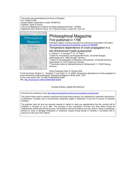 Pdf Temperature Dependence Of Crack Propagation In A Two Dimensional Model Quasicrystal