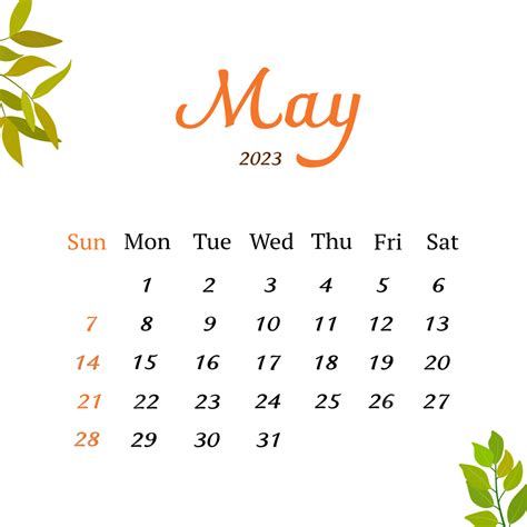 잎이 있는 2023년 5월 달력 달력 5월 2023년 5월 월간 달력 Png 일러스트 및 벡터 에 대한 무료 다운로드