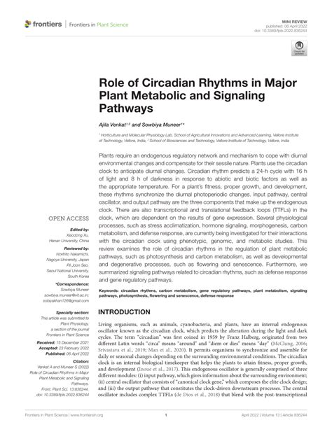 Pdf Role Of Circadian Rhythms In Major Plant Metabolic And Signaling