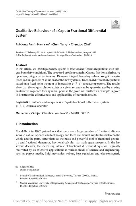 Qualitative Behaviour Of A Caputo Fractional Differential System Request Pdf