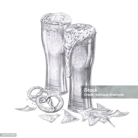 프레첼과 칩을 곁들인 맥주 두 잔 펍 디자인 메뉴 요리책 간판을 위한 고립된 연필 그림 아일랜드 북유럽에 대한 스톡 벡터 아트 및 기타 이미지 Istock