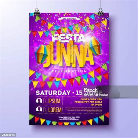 Festa Junina 파티 전단지 디자인 화려한 깃발 종이 랜턴 보라색 배경에 타이포그래피 디자인 벡터 브라질 6 월 축제 그림 축하 포스터 또는 휴일 초대장에 대 한