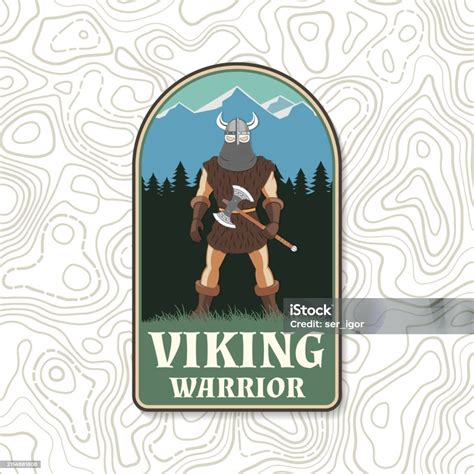 바이킹 전사 배지 스티커 벡터 일러스트 레이 션입니다 엠블럼 라벨의 경우 패치 디자인 전령 방패 바이킹과 헬멧 전투 더블 도끼
