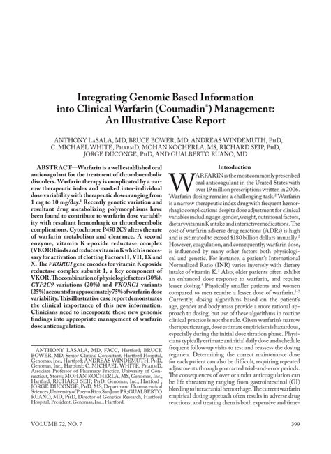 Pdf Integrating Genomic Based Information Into Clinical Warfarin Coumadin Management An