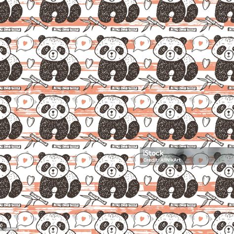 대나무 원활한 벡터 패턴으로 귀여운 아기 팬더 팬더와 끝 없는 배경 화면 손으로 그린 낙서 재미 흑백 곰입니다 아이 들을 위한 배경입니다 검은색에 대한 스톡 벡터 아트 및