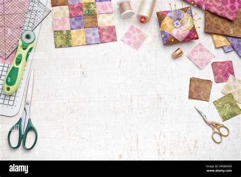 Bright Square Pieces Of Fabric Patchwork Tools Sewing Equipment Traditional Quilting Space