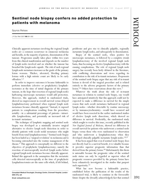 PDF Sentinel Node Biopsy Confers No Added Protection To Patients With Melanoma