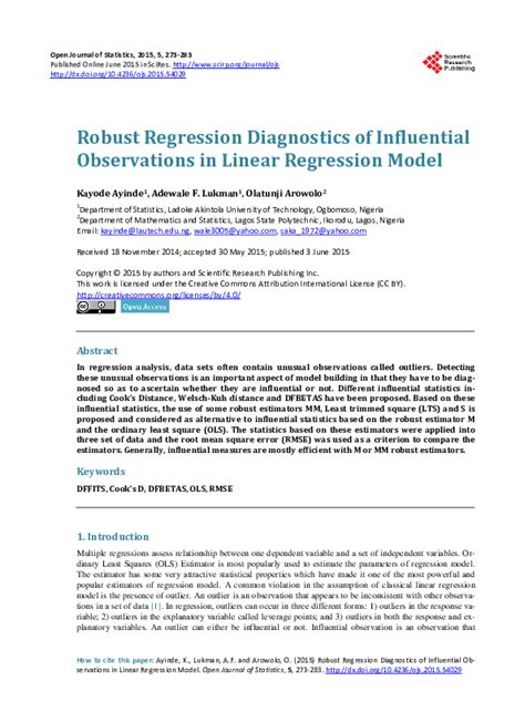 Pdf Robust Regression Diagnostics Of Influential Observations In Linear Regression Model