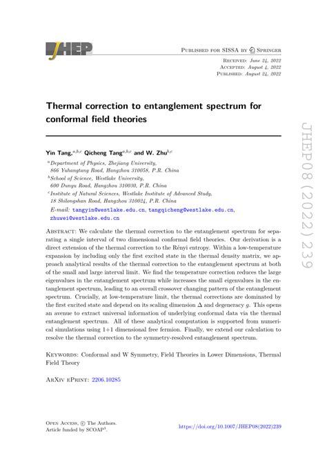 Pdf Thermal Correction To Entanglement Spectrum For Conformal Field Theories