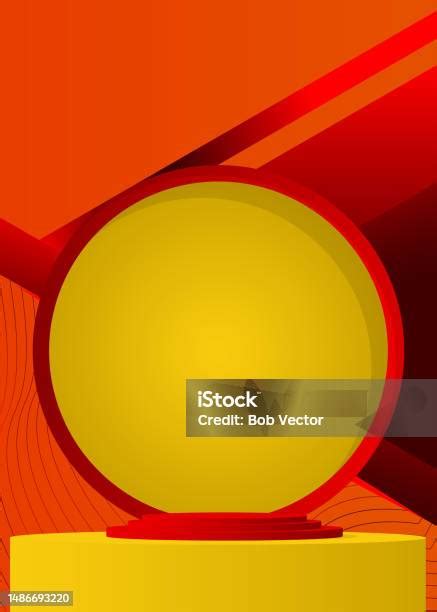 추상적인 빨강 주황 노랑 무대 쇼케이스 모형 실린더 받침대 연단 프리젠테이션을 위한 사실적인 벡터 제품 디스플레이 미래 지향적인 3d 방 공상 과학 최소한의 기하학적 빈
